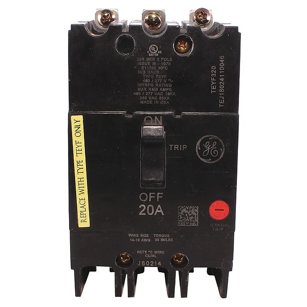 GE 20A, 3 pole Molded Case Circuit Breaker, TEYF, 277/480V AC, - TEYF320