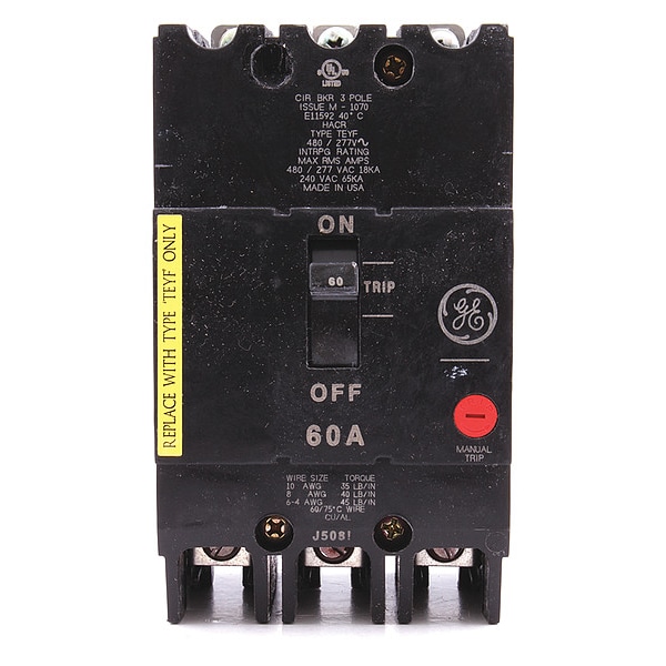 GE 60A, 3 pole Molded Case Circuit Breaker, TEYF, 277/480V AC, - TEYF360