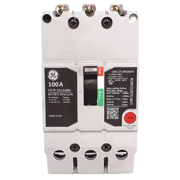 GE 100A, 3 pole Molded Case Circuit Breaker, TEYL, 277/480V AC, - TEYL3100B
