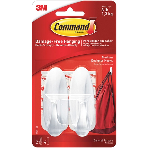 3M 3M™ 17081 Command™ Designer, White, 2 Hooks and 4 Strips, 6/Packs per Case CHS1050 | Zoro