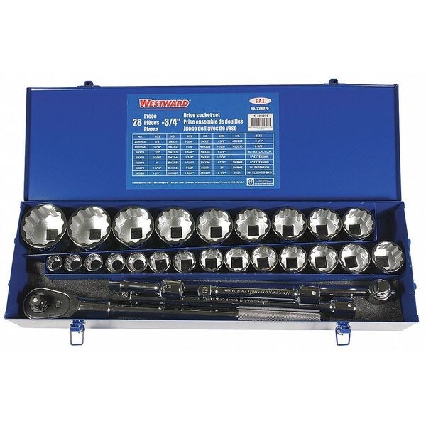 WESTWARD 3/4" Socket Wrench Set, SAE, 28 Piece, 3/4" to 2-3/8", Chrome - 33HD76