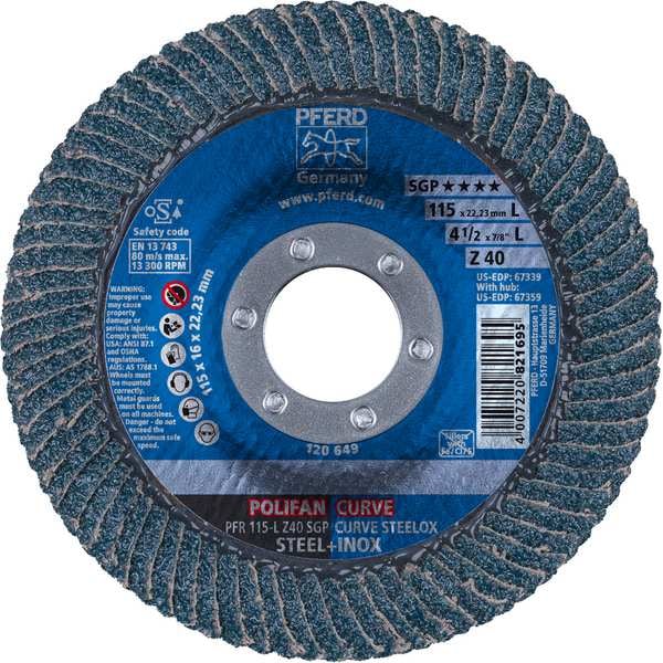 Pferd 4-1/2" x 7/8" A.H. POLIFAN Flap Disc - Z SGP CURVE STEELOX, Zirconia, 40 Grit, Large ...