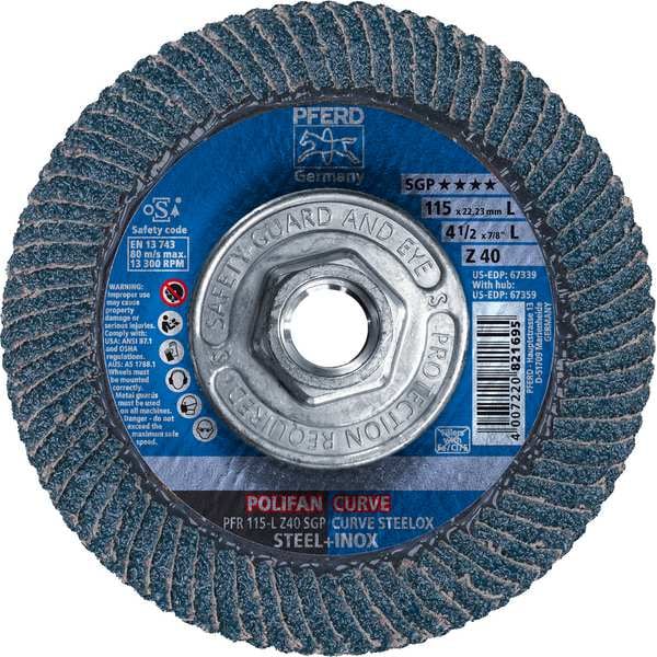 Pferd 4-1/2" x 5/8-11 Thd. POLIFAN Flap Disc - Z SGP CURVE STEELOX, Zirconia, 40 Grit, Large ...