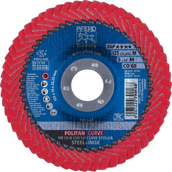Pferd 5" x 7/8" A.H. POLIFAN Flap Disc - CO SGP CURVE STEELOX, Ceramic oxide, 60 Grit, Medium ...