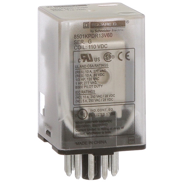 Square D General Purpose Relay, 110V DC Coil Volts, 11 Pin, 3PDT 8501KPDR13V60 | Zoro