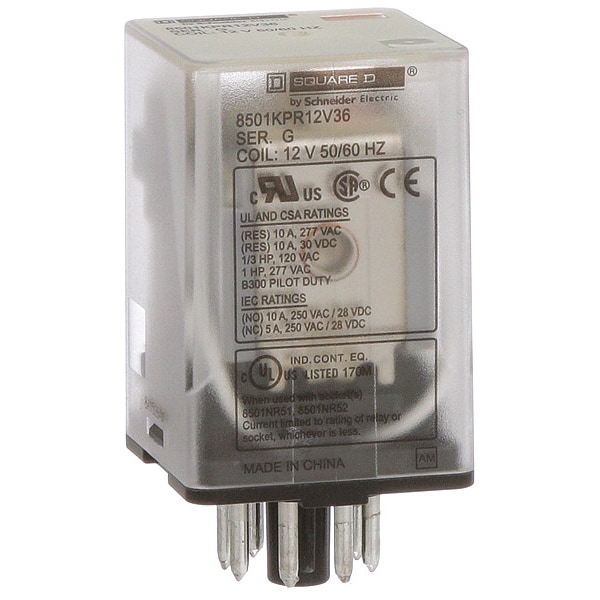 Square D General Purpose Relay, 12V AC Coil Volts, 8 Pin, DPDT 8501KPR12V36 | Zoro