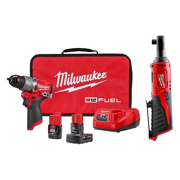 Milwaukee Tool M12 FUEL 1/2" Hammer Drill/Driver Kit + M12 Cordless 3/8 ...