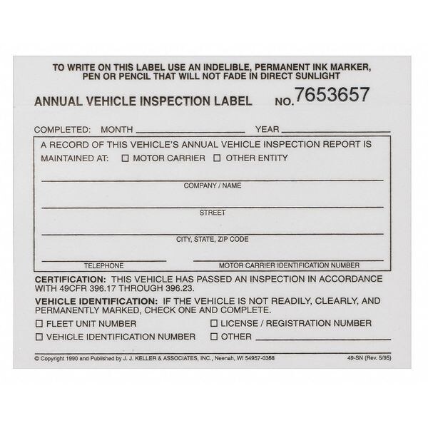 Jj Keller Vehicle Inspection Label, 5 x 4 In. 1279 | Zoro