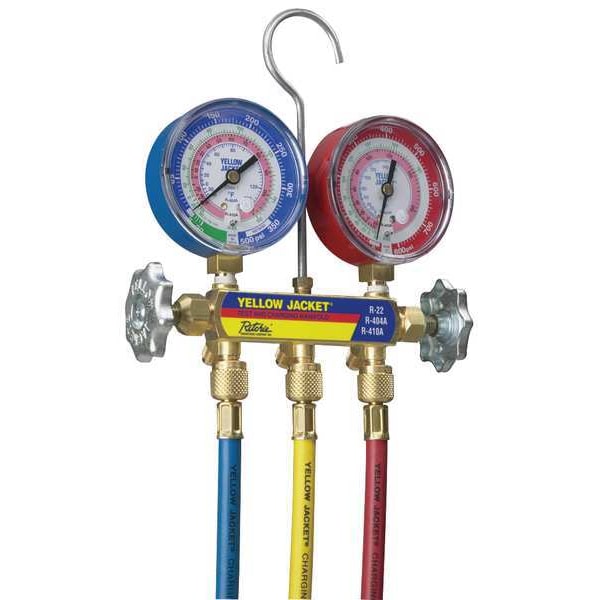 Yellow Jacket Mechanical Manifold Gauge Set, 2 Valve, 3 Hoses, Vacuum ...