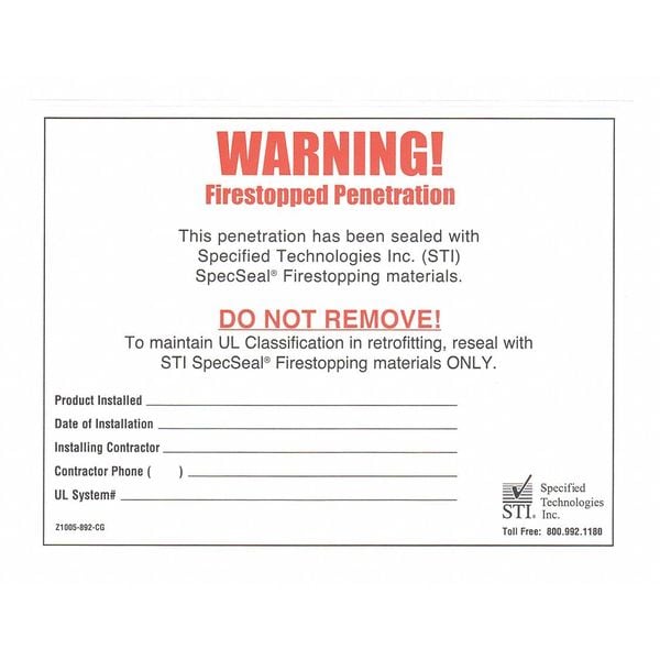 Sti Fire Penetration Warning Label (Z1005892CG) | Zoro