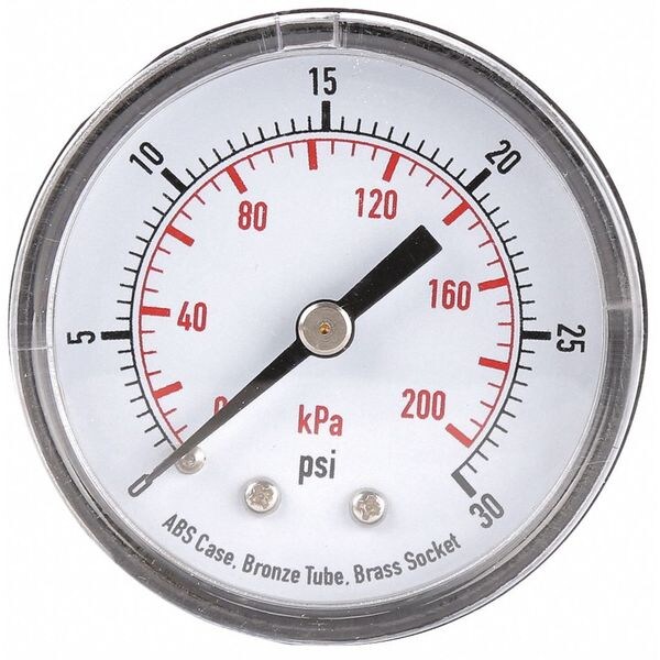 Zoro Select Pressure Gauge, 0 to 30 psi, 1/4 in BSPT, Plastic, Black ...