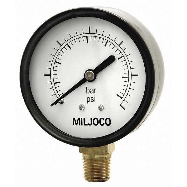 Miljoco Pressure Gauge, 0 to 30 psi, 1/4" MNPT, Steel, Black P2508L03 | Zoro