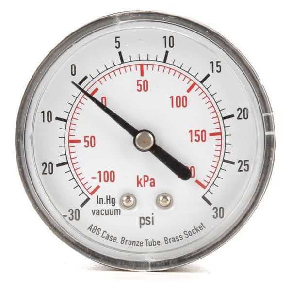 Zoro Select Commercial Compound Gauge, 30 to 0 to 30 psi, 2 1/2 in Dial, 1/4 in NPT, Center Back ...
