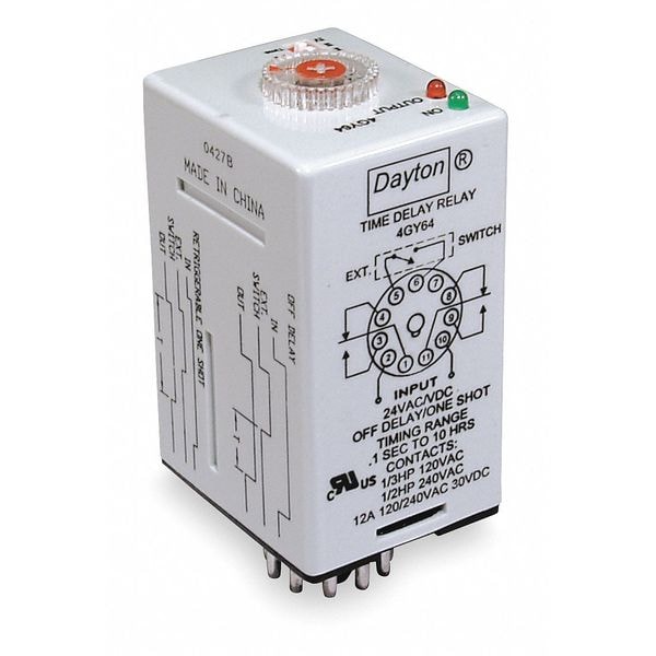 Dayton Time Delay Relay, 24VAC/DC, 12A, DPDT 4GY64 | Zoro