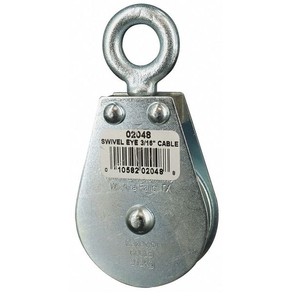 Zoro Select Pulley Block, Wire Rope, 3/16 in Max Cable Size, 600 lb Max ...