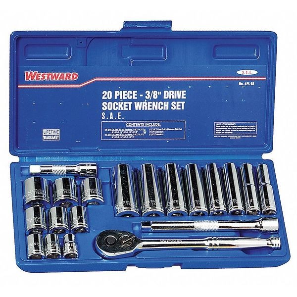 WESTWARD 3/8 in Socket Wrench Set, SAE, 20 Piece, 3/8 in to 7/8 in, Chrome - 4PL98