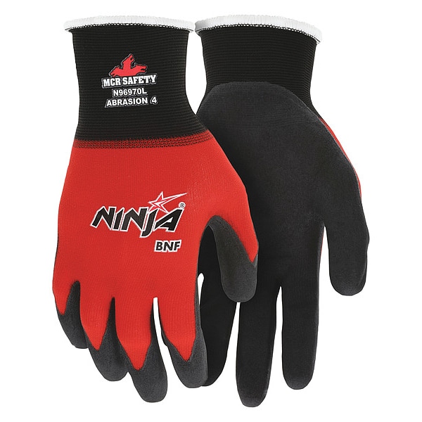 Mcr Safety Coated Gloves, Foam Nitrile, Foam, Palm, 4 Abrasion Level, Black, Red, 2XL (11) 1 PR ...
