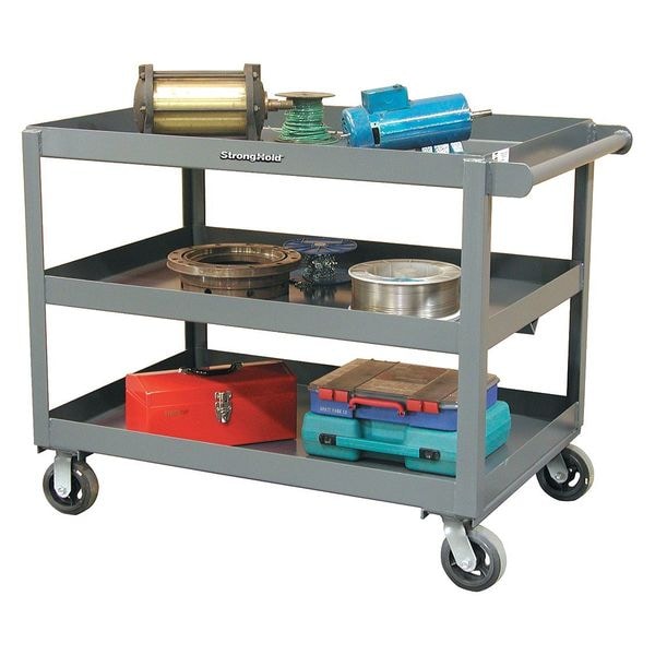 Strong Hold Flat Handle Deep Shelf Utility Cart, Steel, 3 Shelves, 2000 ...