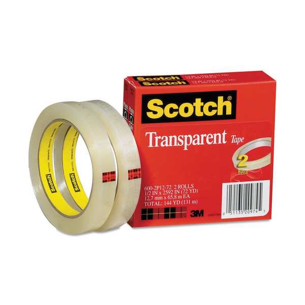 3M Transparent Tape, 1/2 x 2592 in., PK2 600-2P12-72 | Zoro