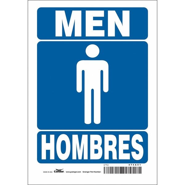 Condor Restroom Sign, MEN/HOMBRES, 7 in W x 10 in H, Horizontal ...