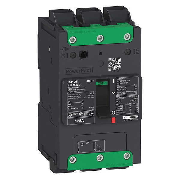 SQUARE D 100A, 3 pole Molded Case Circuit Breaker, POWERPACT B, 347/600V AC, - BDL36100