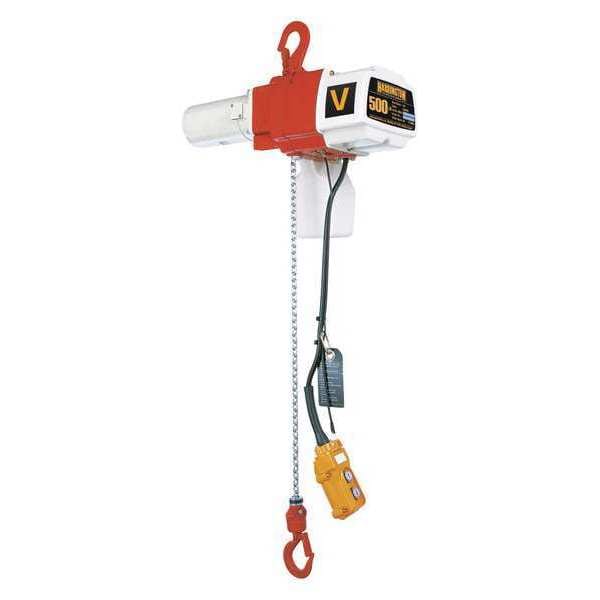 Harrington Electric Chain Hoist, 500 lb, 10 ft, Hook Mounted - No Trolley, 120v, White and ...