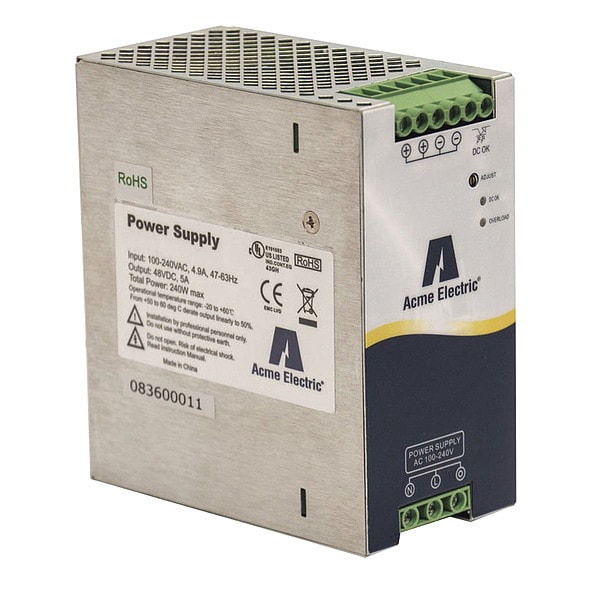 Acme Electric DC Power Supply, 90/254V AC, 48 VDC, 240W, 5A, DIN Rail ...
