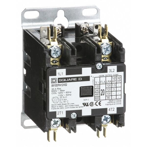 Square D 120VAC Non-Reversing Definite Purpose Contactor 2P 20A ...