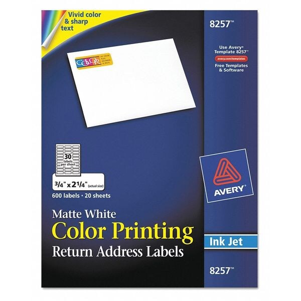 Avery Dennison Inkjet, Color Label, 3/4x2-1/4, White, PK600 8257 | Zoro
