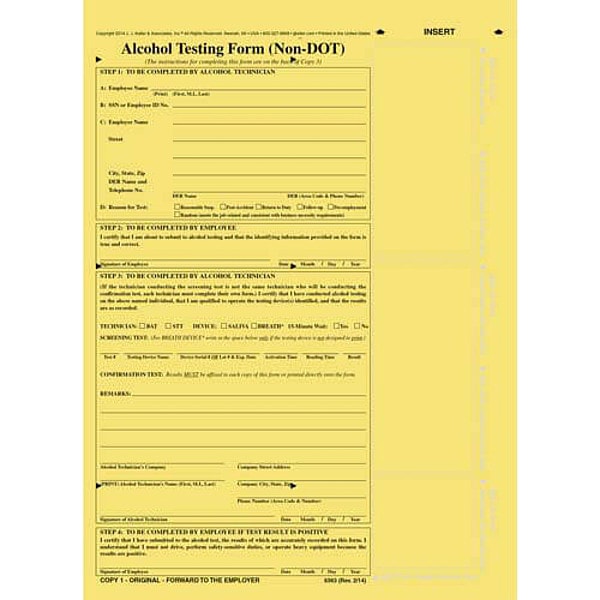 Jj Keller Alcohol Testing Form, Yellow, PK10 6363 | Zoro