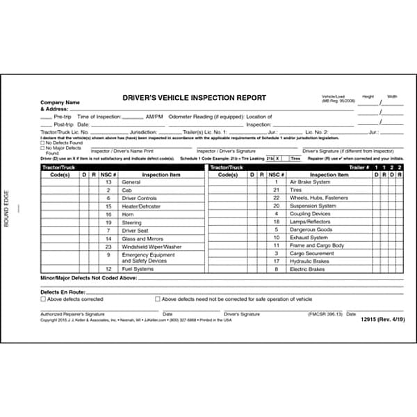 Jj Keller Canadian Driver Vehicle Inspection Form 12915 | Zoro