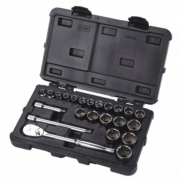 WESTWARD 3/8" Socket Set, Metric, 23 Piece, 6 mm to 25 mm, Chrome - 53PN36