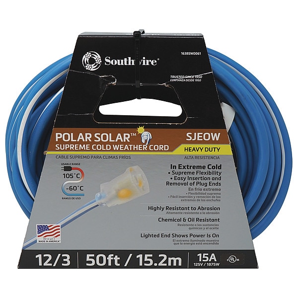 Southwire Extension Cord, 12 AWG, 125VAC, 50 ft. L 1638SW0061 | Zoro