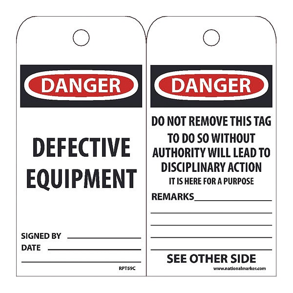 Nmc Danger Defective Equipment Tag, Pk25 RPT59C | Zoro