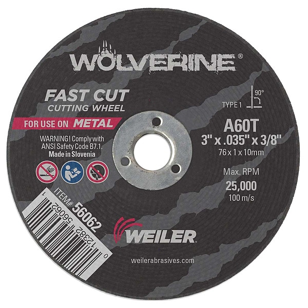 Weiler Abrasive Cut-Off Wheel, Type 1, 3 in Dia, 0.035 in Thick, 3/8 in ...