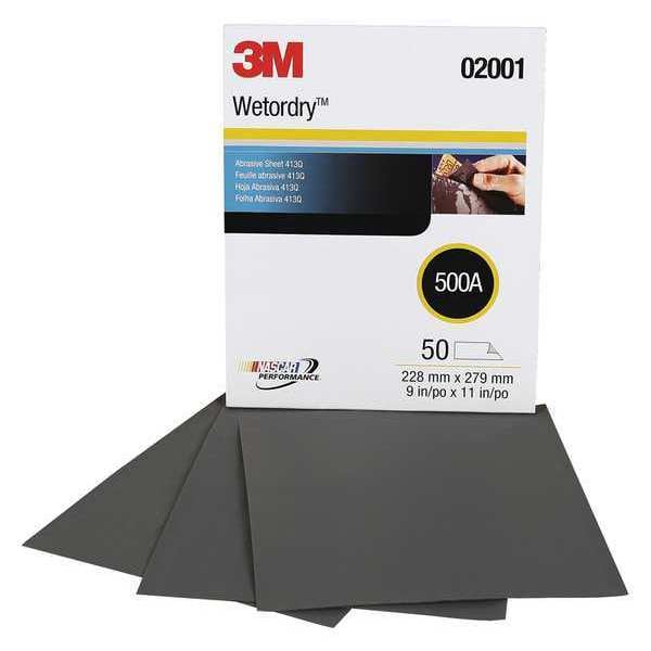3M Sanding Sheet, 11" L x 9" W, 500 Grit, PK50 7000118291 | Zoro