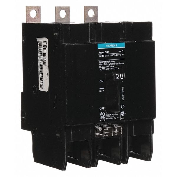 SIEMENS 20A, 3 pole Miniature Circuit Breaker, BQD, 480V AC, - BQD320