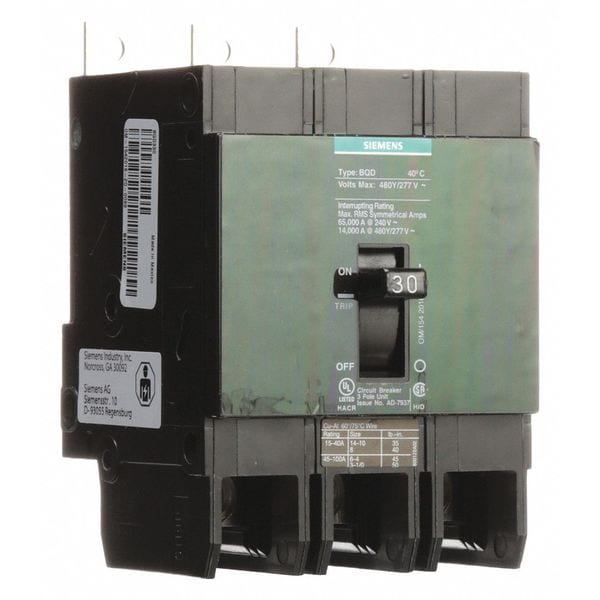 SIEMENS 30A, 3 pole Miniature Circuit Breaker, BQD, 480V AC, - BQD330