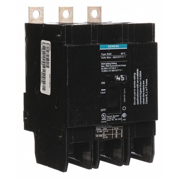 SIEMENS 45A, 3 pole Miniature Circuit Breaker, BQD, 480V AC, - BQD345