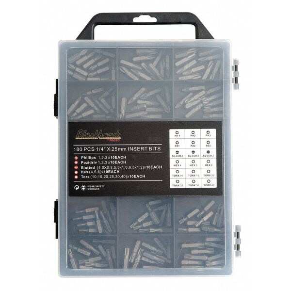 Blackhawk By Proto Insert Bit Set, 1/4 In Hex Dr, Stl, 180 Pcs BI-180S ...