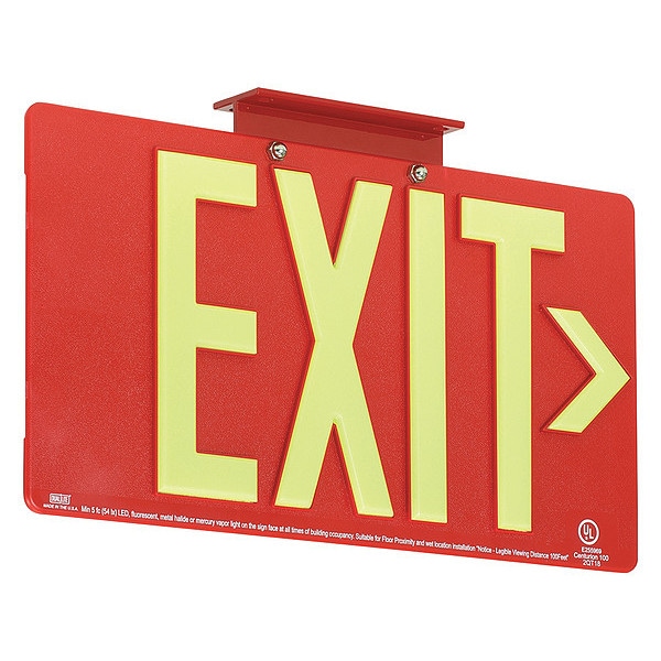 Dual-Lite Photoluminescent Single-Face Exit Sign, Red, 100FT Viewing ...