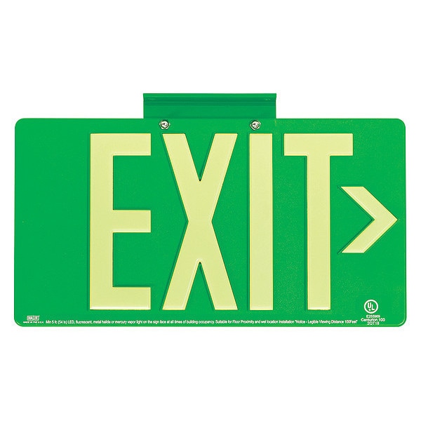 Dual-Lite Photoluminescent Single-Face Exit Sign, Green, 100FT Viewing ...