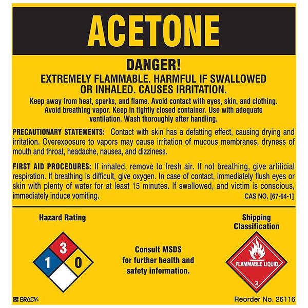 Brady NFPA Acetone Danger Label, 5"H x 5" W, PK25 26116LS | Zoro