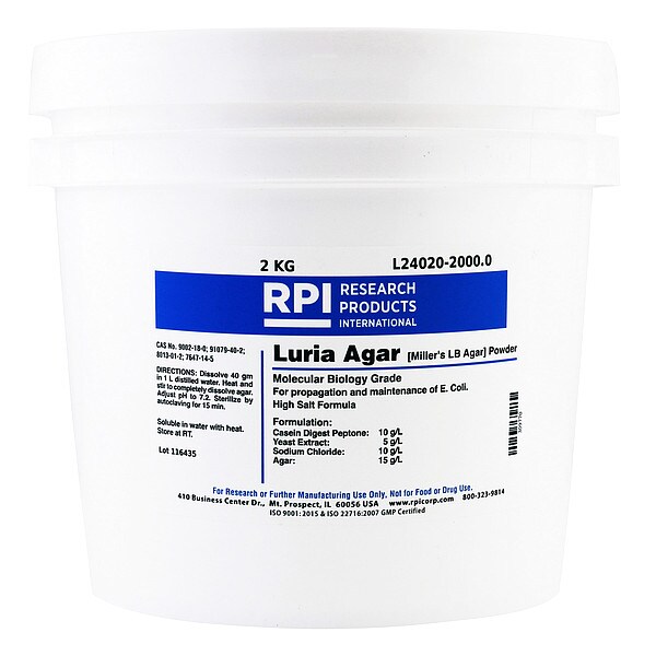 Rpi Luria Agar, Powder (Millers LB), 2kg L24020-2000.0 | Zoro