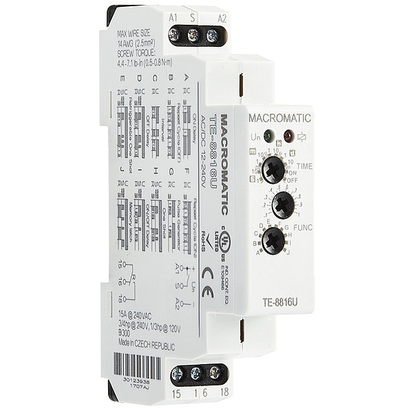 Macromatic Time Delay Rlay,12 to 240VAC/DC,15A,DPDT (TE-8812U) | Zoro