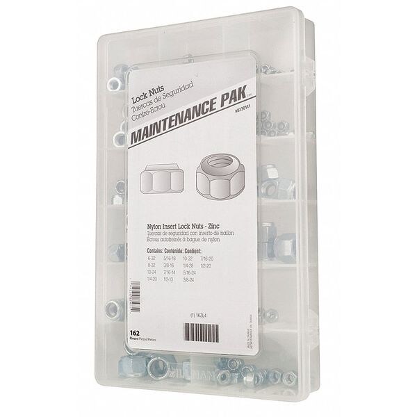 Zoro Select Hex Locknut Assortment, Steel, Zinc Finish, 162 PCS 1KZL4 ...