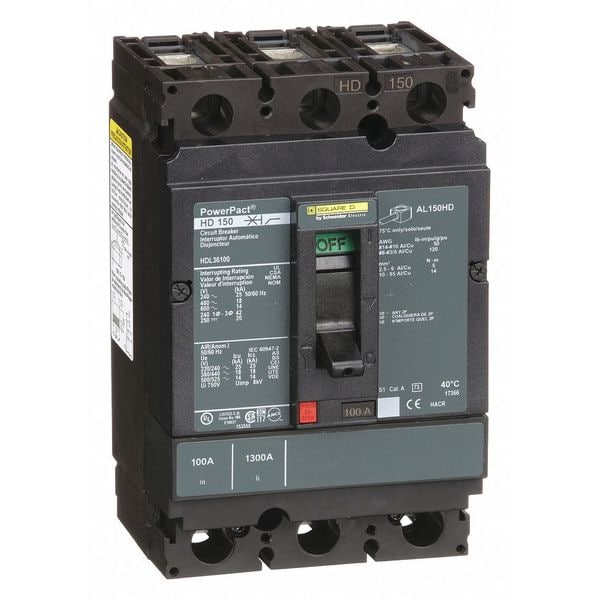 SQUARE D 100A, 3 pole Molded Case Circuit Breaker, POWERPACT H, 600V AC, - HDL36100