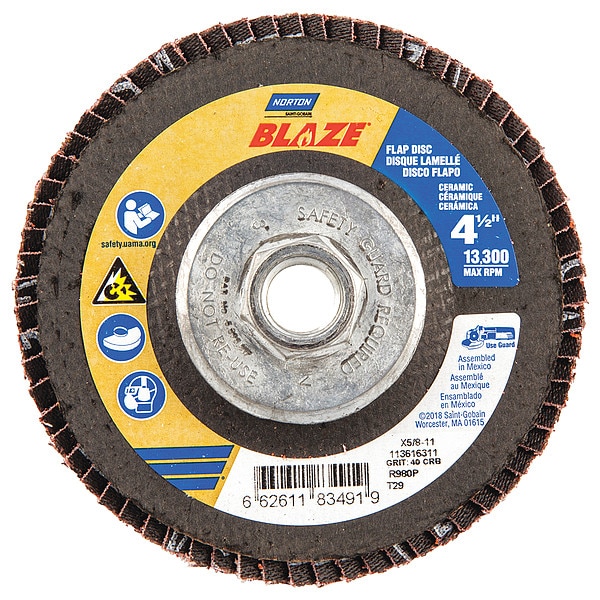 Norton Abrasives Arbor Mount Flap Disc, 4-1/2in, 40, Coarse 66261183491 ...