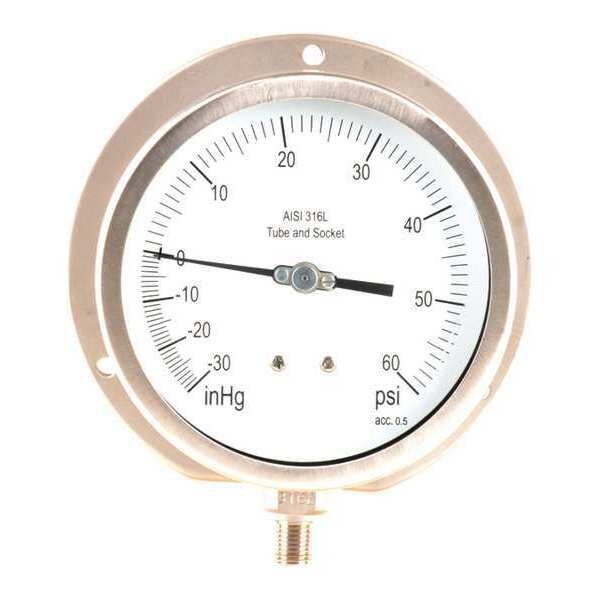 Zoro Select Compound Gauge, -30 to 0 to 60 in Hg/psi, 1/4 in MNPT, Aluminum, Silver 11A534 | Zoro