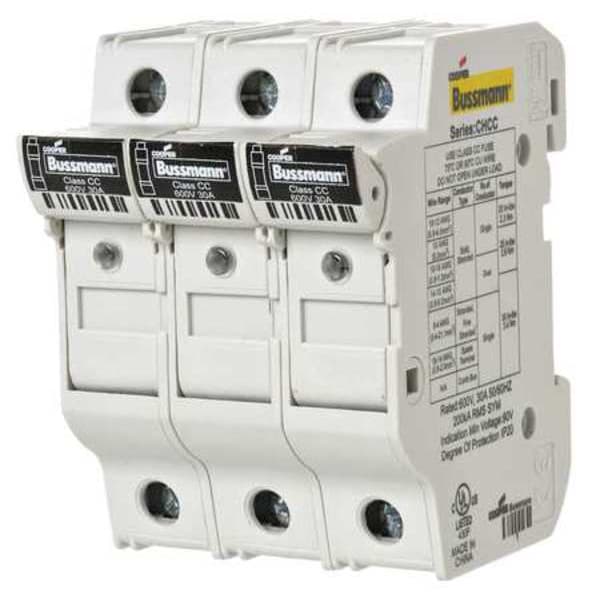 Eaton Bussmann Finger Safe Fuse Block, CC UL Class, 600V AC/DC Volt Rating, 3 Poles, Box Lug ...